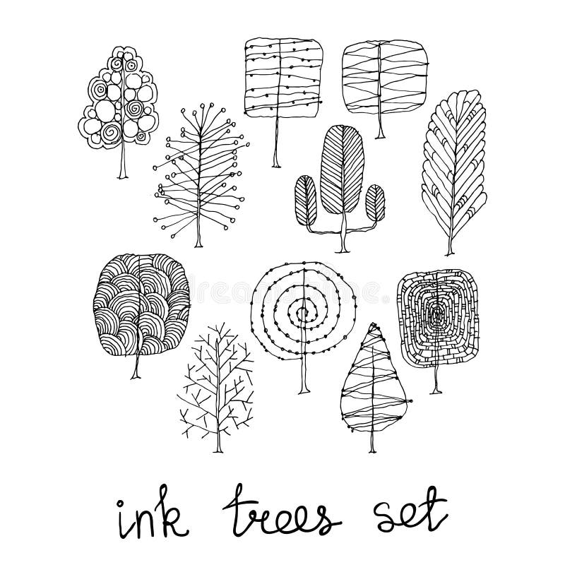 Set of Hand Drawn of Trees. Ink Style Stock Vector - Illustration of ...
