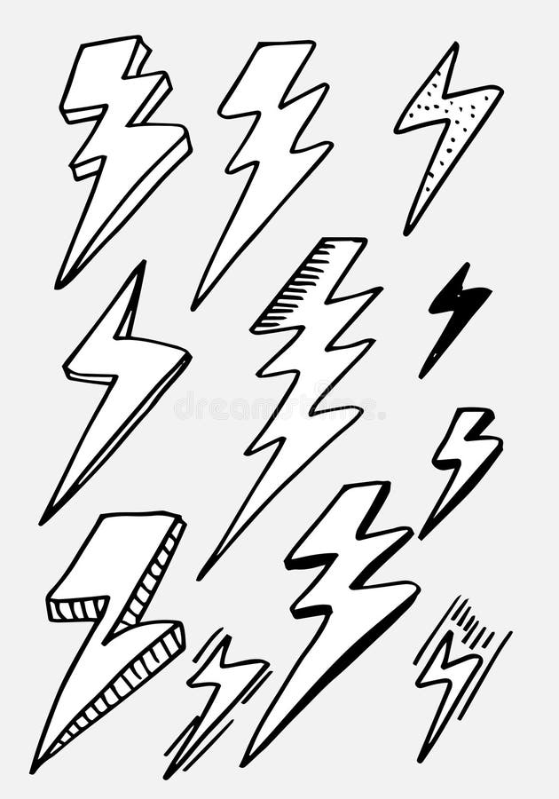 Set of Hand Drawn Vector Doodle Electric Lightning Bolt Symbol Sketch ...