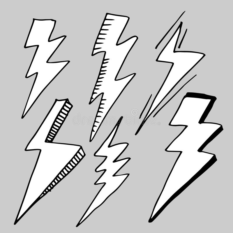 Set of Hand Drawn Vector Doodle Electric Lightning Bolt Symbol Sketch ...
