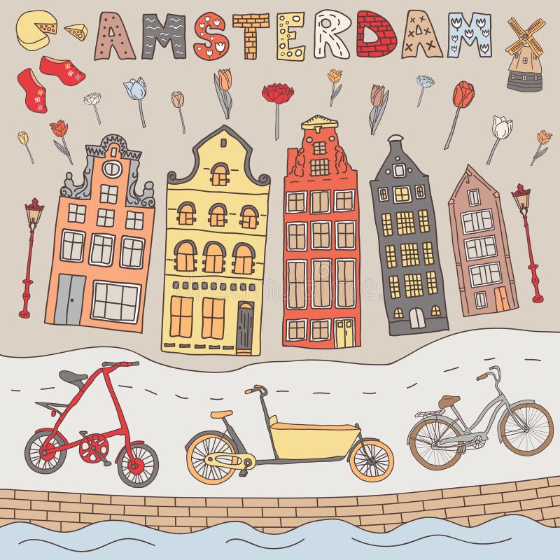 Set of Hand Drawn Vector Doodles of Amsterdam, Netherlands Stock Vector ...