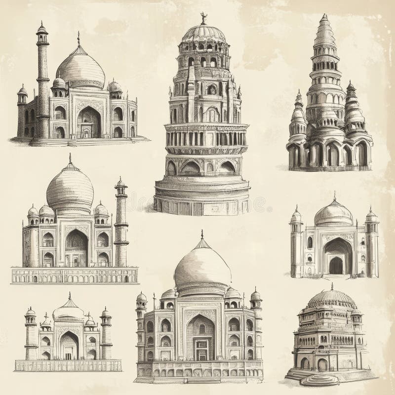 Set of Hand Drawn Vector Illustration of Taj Mahal in Different Styles ...