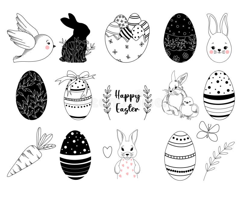 Set of Hand Drawn Vector Line Art Easter Illustrations Stock Vector ...