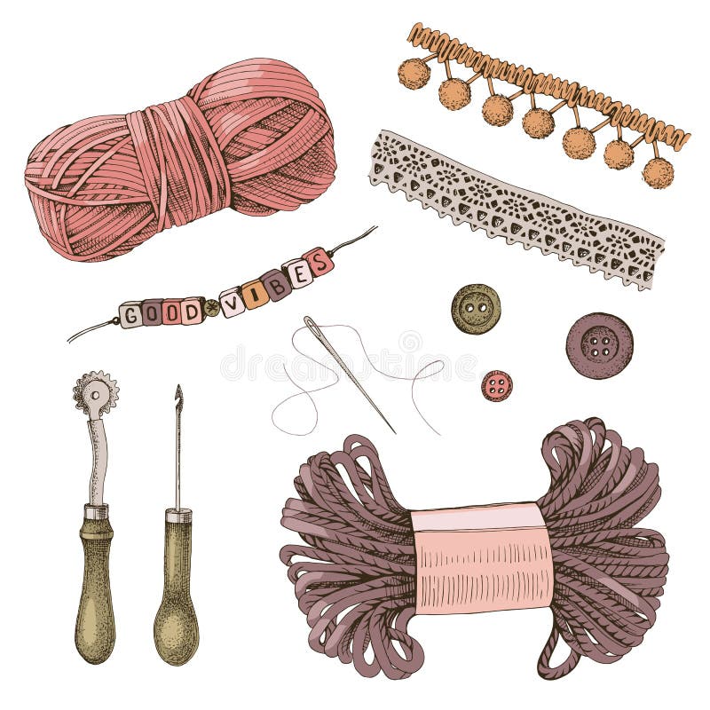 Set with Vintage Sewing Tools, Decor Isolated on White Background ...