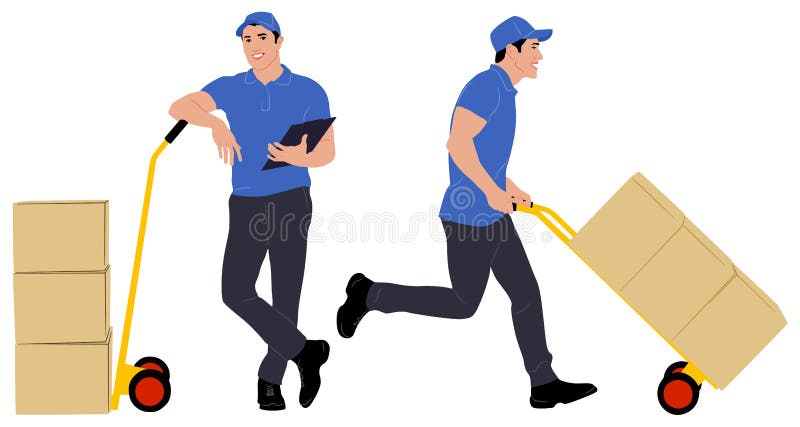 Set of Hand-drawn Warehouse Worker with Cart for Cargo. Worker Holding ...