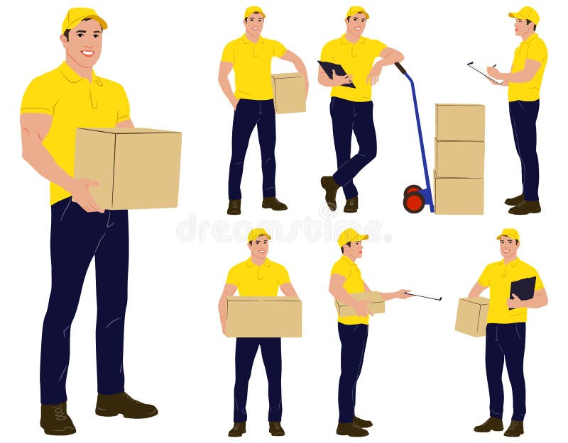 Set of Hand-drawn Warehouse Workers with the Package. Delivery Guy is ...