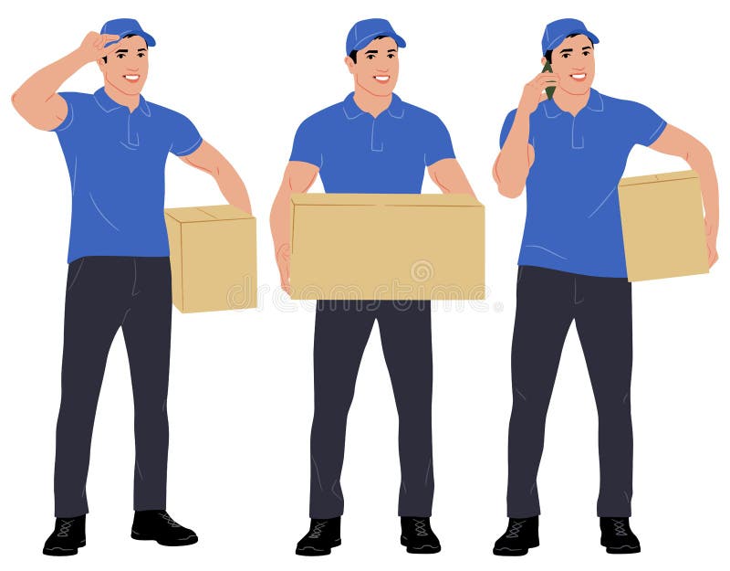 Set of Hand-drawn Warehouse Workers with the Package. Delivery Guy is ...