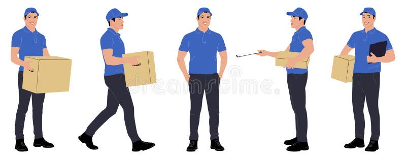 Set of Hand-drawn Warehouse Workers with the Package. Delivery Guy is ...