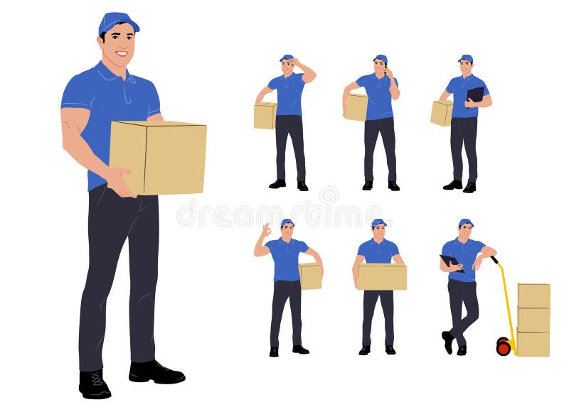Set of Hand-drawn Warehouse Workers with the Package. Delivery Guy is ...