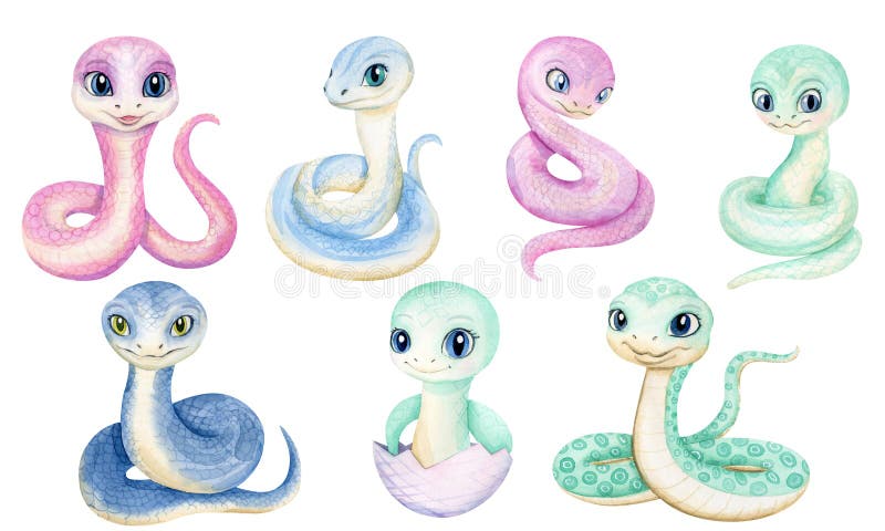 Set of Hand Drawn Watercolor Cute Snakes Stock Photo - Illustration of ...