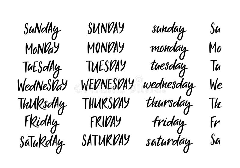Set of Hand Drawn Week Days in Different Letter Case. Vector ...