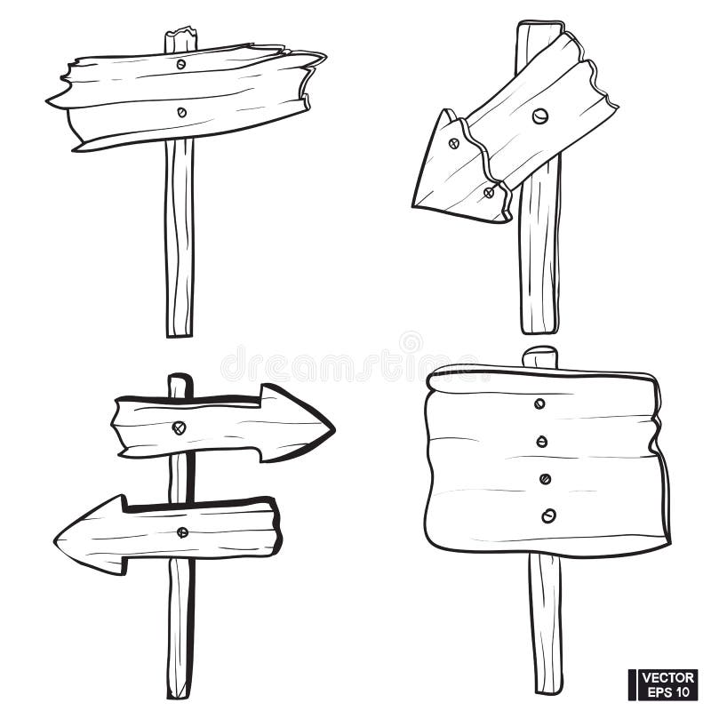 Set, Hand-drawn Wooden Signposts Stock Illustration - Illustration of ...