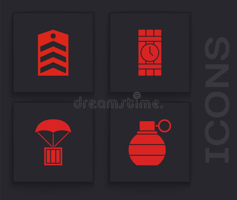 Set Hand Grenade, Chevron, Dynamite Timer Clock and Airdrop Box Icon ...