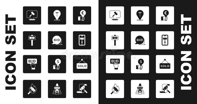 Set Hand Holding Auction Paddle, Bid, Auction Hammer, Online, Sold and ...