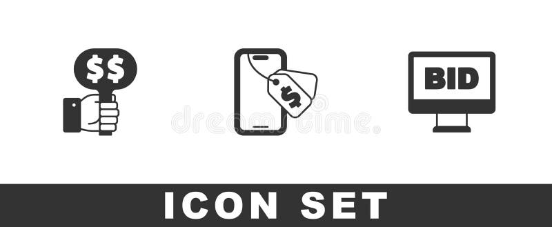 Set Hand Holding Auction Paddle, Online and Icon. Vector Stock ...