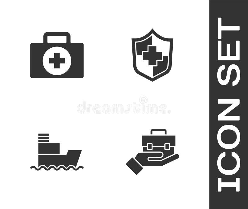 Set Hand Holding Briefcase, First Aid Kit, Ship and Life Insurance with ...