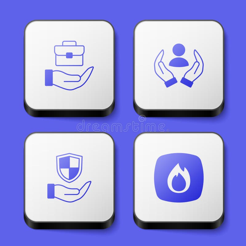 Set Hand Holding Briefcase, Life Insurance, Shield Hand and Fire Flame ...