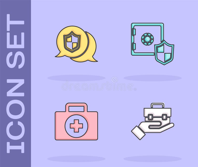 Set Hand Holding Briefcase, Location Shield, First Aid Kit and Safe ...