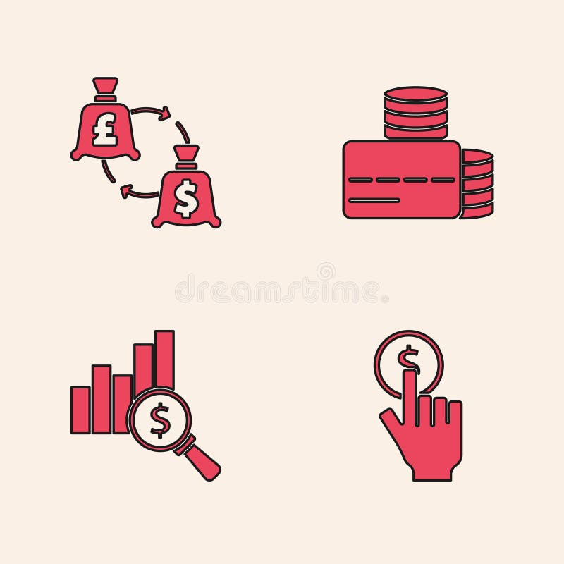 Set Hand Holding Coin, Currency Exchange, Credit Card and Pie Chart ...