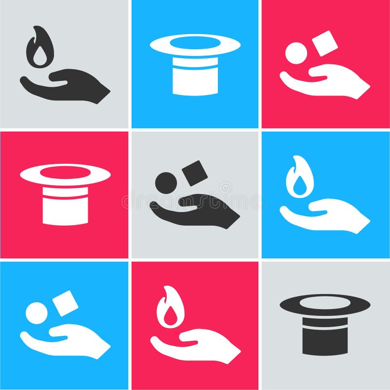 Set Hand Holding a Fire, Magician Hat and Cube Levitating Above Hand ...