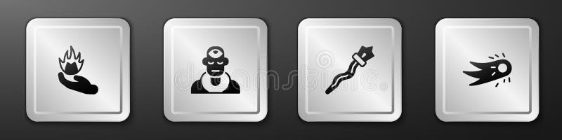 Set Hand Holding a Fire, Wizard Warlock, Magic Staff and Fireball Icon ...