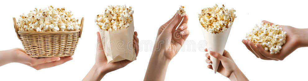 Set of Hand Holding Popcorn Corn Kernel Grains in Basket, Brown ...