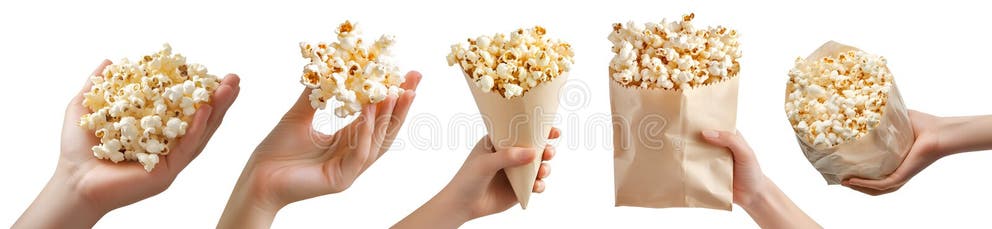 Set of Hand Holding Popcorn Corn Kernel Grains in Brown Paper Bag Cone ...