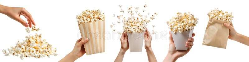 Set of Hand Holding Popcorn Corn Kernel Grains in Paper Bag Bucket ...
