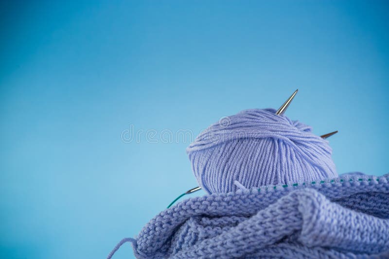 Set for Hand Knitting, Blue Yarn, Knitting Needles. Stock Image - Image ...
