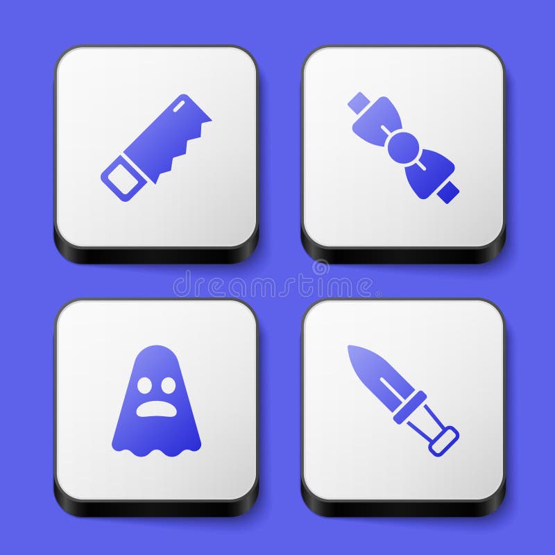 Set Hand Saw, Bow Tie, Ghost and Dagger Icon. White Square Button ...