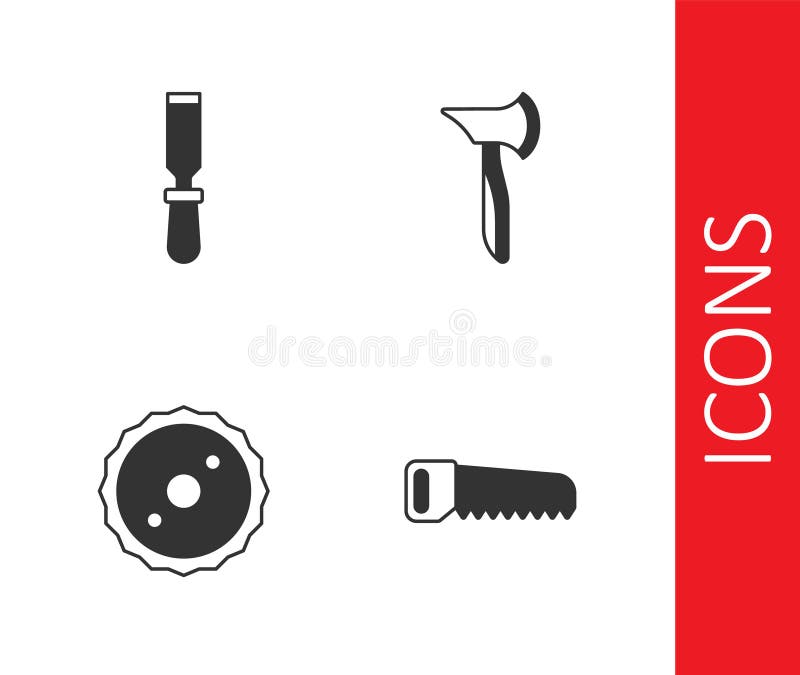Set Hand Saw, Chisel Tool, Circular Blade and Wooden Axe Icon. Vector ...
