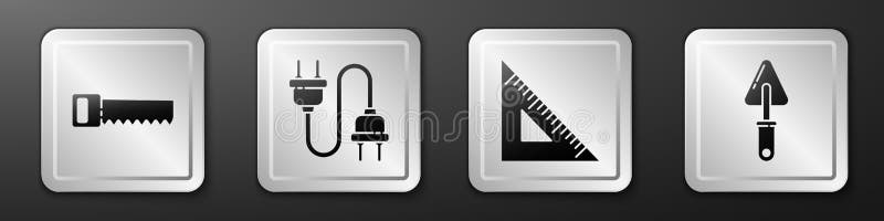 Set Hand Saw, Electric Plug, Triangular Ruler and Trowel Icon. Silver ...