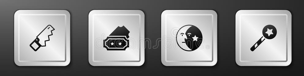 Set Hand Saw, Ticket, Moon Stars and Magic Wand Icon. Silver Square ...