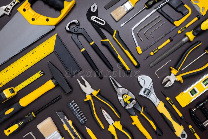 Set of Hand Tools on a Dark Background Stock Image - Image of pencil ...
