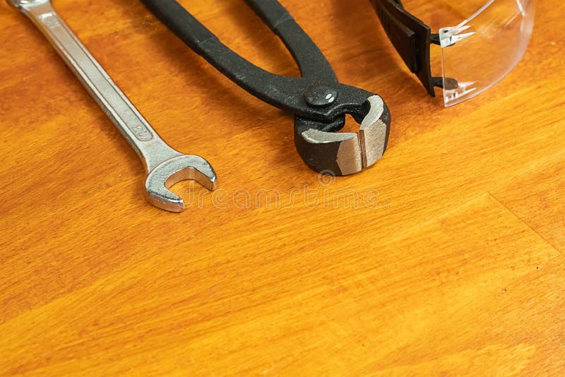 Set of Hand Tools Nippers Black, Steel Wrench and Goggles Stock Photo ...