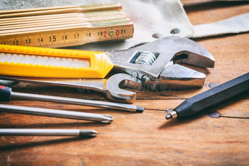 Set of Hand Tools on Wooden Background Stock Image - Image of shiny ...