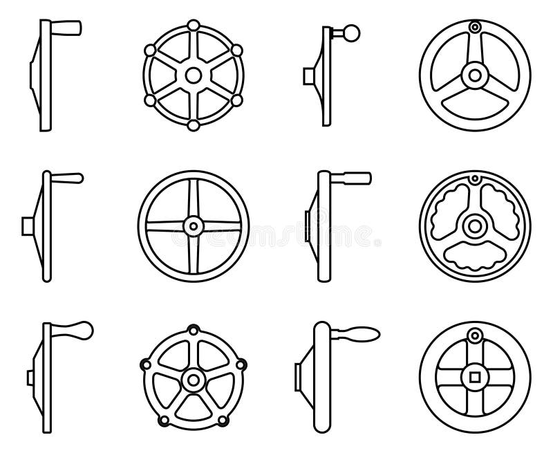 Set of Hand Wheel Icons for Operation and Adjustment. Thin Line Vector ...