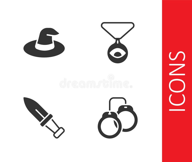 Set Handcuffs, Witch Hat, Dagger and Medallion on Chain with Eye Icon ...