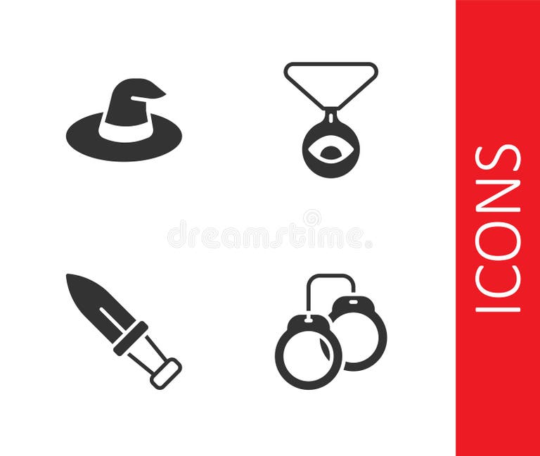 Set Handcuffs, Witch Hat, Dagger and Medallion on Chain with Eye Icon ...