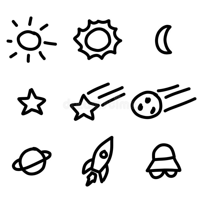 Set of Hand Drawing Line in Space Concept Sun, Moon, Star, Rocket, Ufo ...