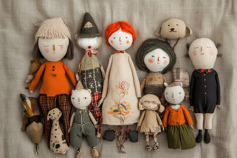 Set of Crafted Dolls Showcasing a Variety of Styles and Vibrant ...