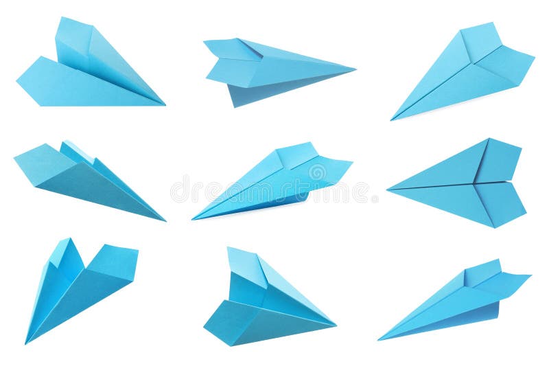 Set with Handmade Light Blue Paper Planes on White Background Stock ...