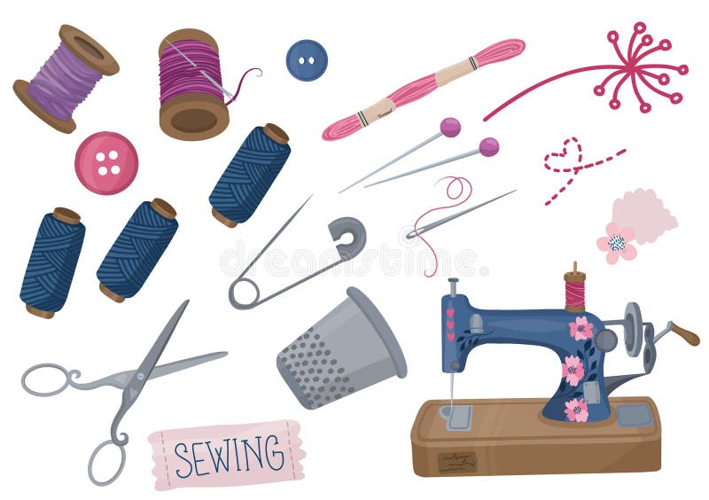 Set of Handmade Supplies. Sewing Machine, Pins, Threads Stock Vector ...