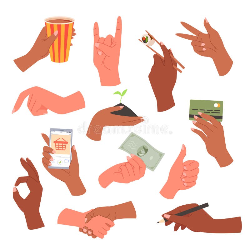 Set of Hands with Different Gestures and Holding Diverse Things Stock ...
