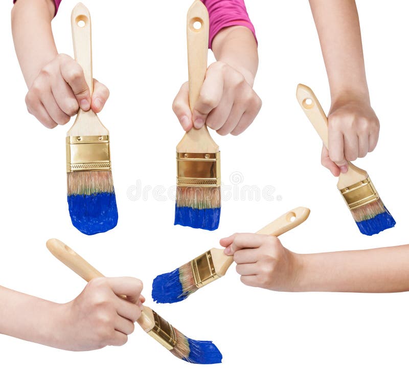 Set of Hands with Flat Paint Brush with Blue Tip Stock Image - Image of ...