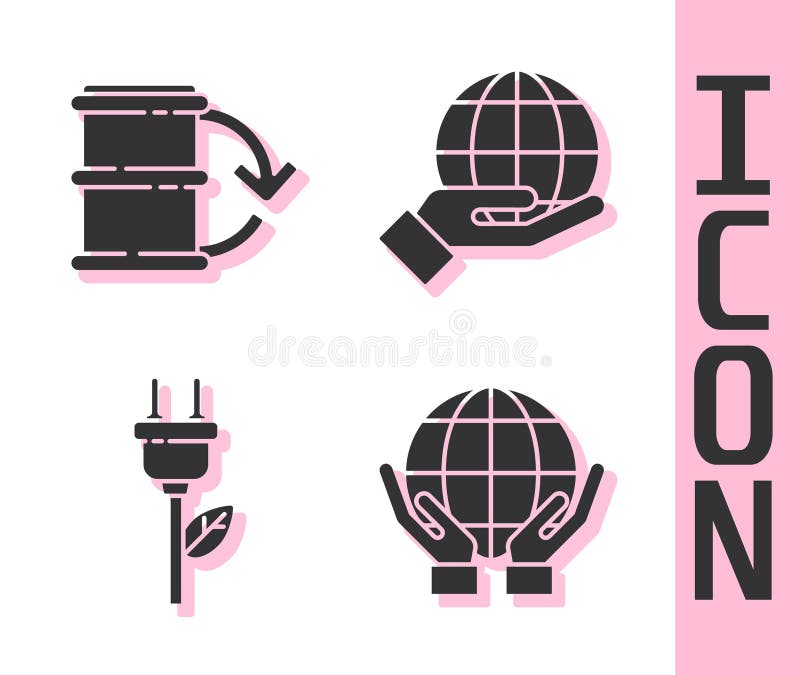 Set Hands Holding Earth Globe, Eco Fuel Barrel, Electric Saving Plug in ...