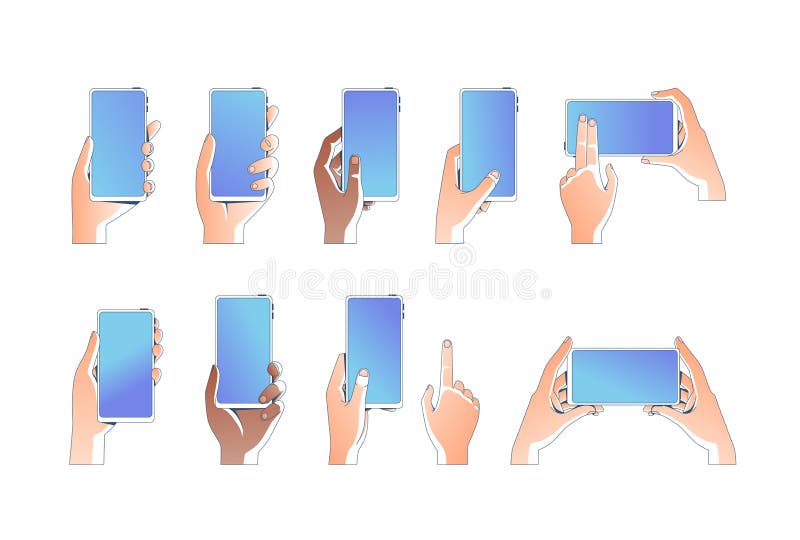 Set of Hands are Holding Mobile Phones. Different Hand Poses with ...