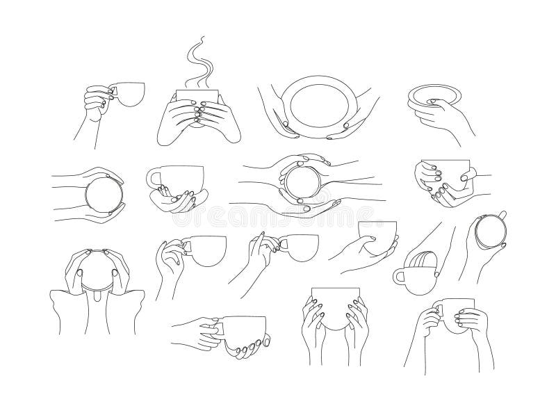 Set of Hands Holding Mugs. Linear Style Stock Vector - Illustration of ...
