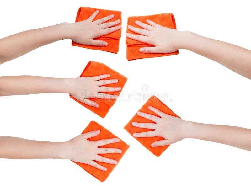Set of Hands with Orange Microfibre Rags Isolated Stock Image - Image ...