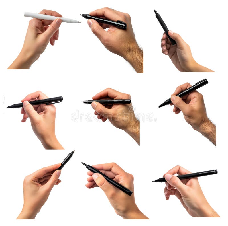 Set of Hands with Pen Drawing Isolated on Transparent Background. Stock ...