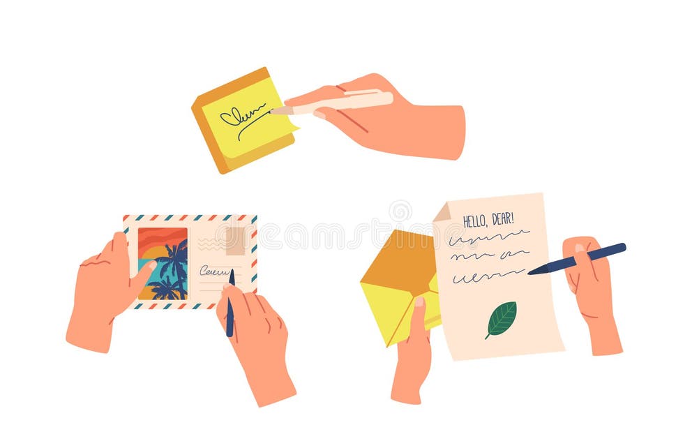 Set of Hands Writing Notes, Human Character Palms Send Letter or ...